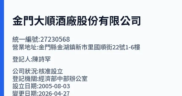 金門大順酒廠股份有限公司的照片-統編 27230568(金門縣) 公司登記資料與營業項目詳細圖表