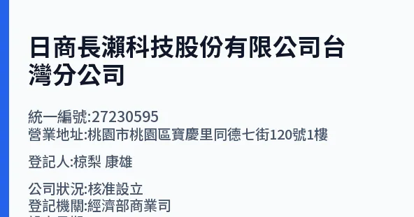 日商長瀨科技股份有限公司台灣分公司的照片-統編 27230595(桃園市) 公司登記資料與營業項目詳細圖表