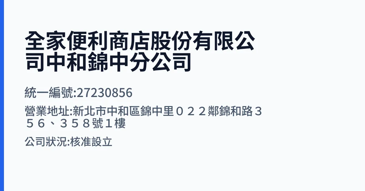 全家便利商店股份有限公司中和錦中分公司 - 統編 27230856(新北市) 公司登記資料與營業項目詳細圖表