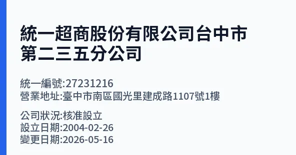 統一超商股份有限公司台中市第二三五分公司的照片-統編 27231216(臺中市) 公司登記資料與營業項目詳細圖表
