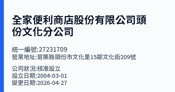 全家便利商店股份有限公司頭份文化分公司的照片-統編 27231709(苗栗縣) 公司登記資料與營業項目詳細圖表