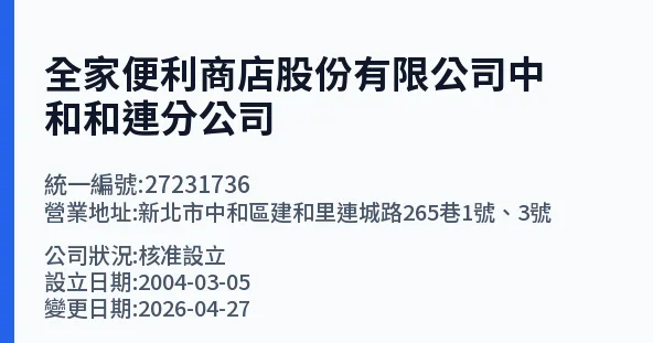 全家便利商店股份有限公司中和和連分公司的照片-統編 27231736(新北市) 公司登記資料與營業項目詳細圖表