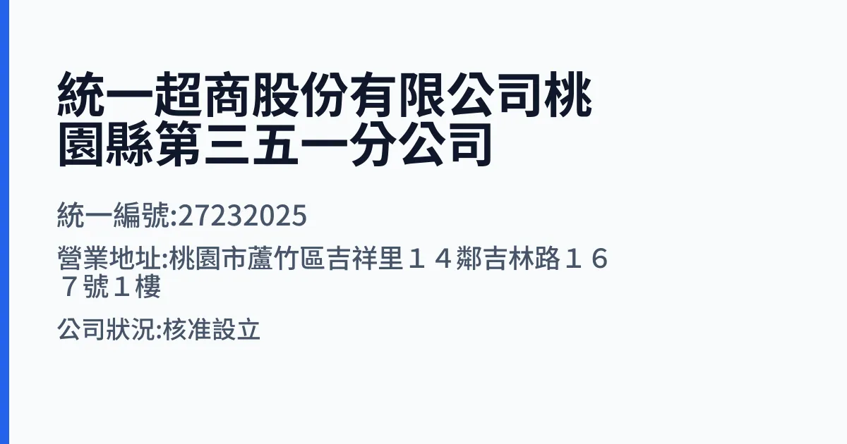 統一超商股份有限公司桃園縣第三五一分公司 - 統編 27232025(桃園市) 公司登記資料與營業項目詳細圖表