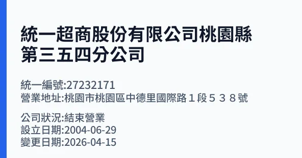 統一超商股份有限公司桃園縣第三五四分公司的照片-統編 27232171(桃園市) 公司登記資料與營業項目詳細圖表