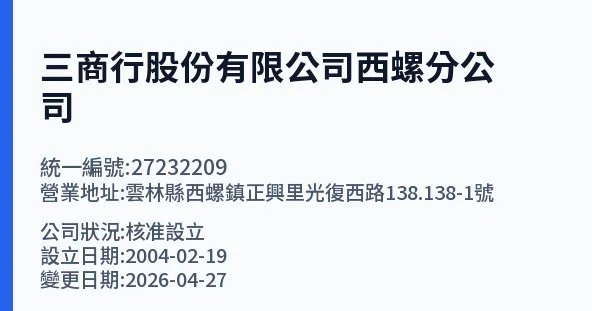 三商行股份有限公司西螺分公司的照片-統編 27232209(雲林縣) 公司登記資料與營業項目詳細圖表