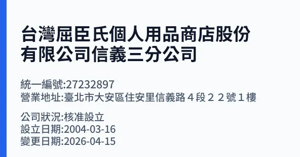 台灣屈臣氏個人用品商店股份有限公司信義三分公司 - 統編 27232897(臺北市) 公司登記資料與營業項目詳細圖表