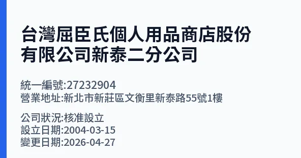 台灣屈臣氏個人用品商店股份有限公司新泰二分公司的照片-統編 27232904(新北市) 公司登記資料與營業項目詳細圖表