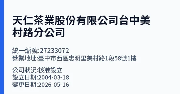 天仁茶業股份有限公司台中美村路分公司的照片-統編 27233072(臺中市) 公司登記資料與營業項目詳細圖表