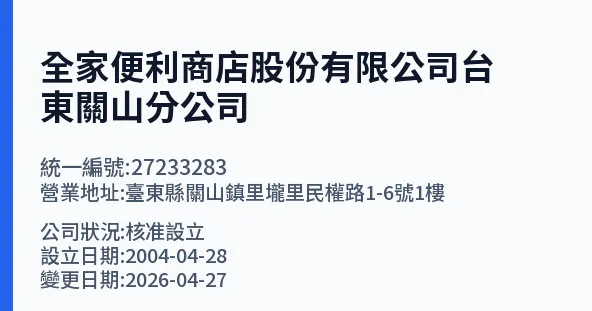 全家便利商店股份有限公司台東關山分公司的照片-統編 27233283(臺東縣) 公司登記資料與營業項目詳細圖表