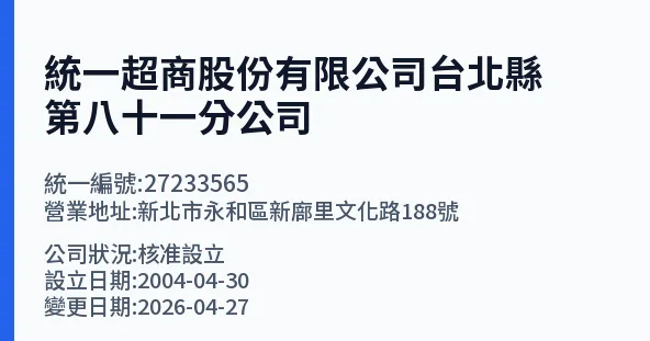 統一超商股份有限公司台北縣第八十一分公司的照片-統編 27233565(新北市) 公司登記資料與營業項目詳細圖表