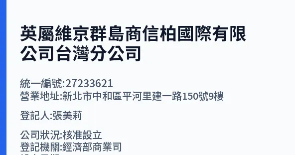 英屬維京群島商信柏國際有限公司台灣分公司的照片-統編 27233621(新北市) 公司登記資料與營業項目詳細圖表