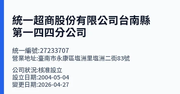 統一超商股份有限公司台南縣第一四四分公司的照片-統編 27233707(臺南市) 公司登記資料與營業項目詳細圖表
