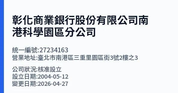 彰化商業銀行股份有限公司南港科學園區分公司的照片-統編 27234163(臺北市) 公司登記資料與營業項目詳細圖表