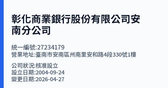 彰化商業銀行股份有限公司安南分公司的照片-統編 27234179(臺南市) 公司登記資料與營業項目詳細圖表