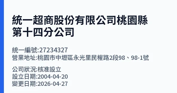 統一超商股份有限公司桃園縣第十四分公司的照片-統編 27234327(桃園市) 公司登記資料與營業項目詳細圖表