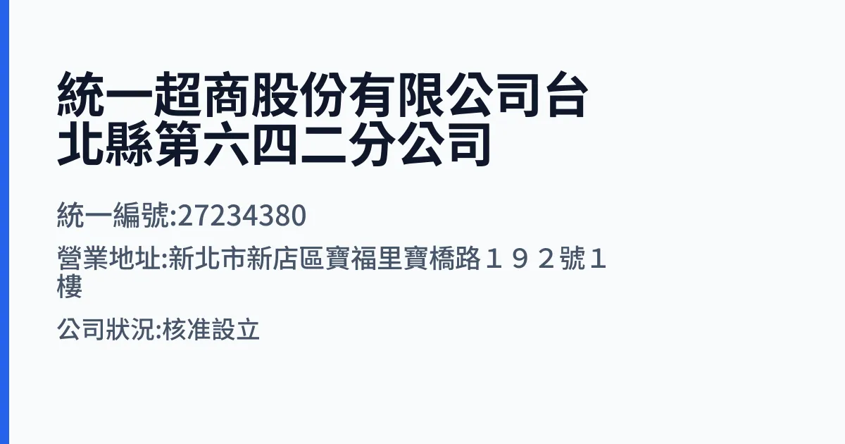 統一超商股份有限公司台北縣第六四二分公司 - 統編 27234380(新北市) 公司登記資料與營業項目詳細圖表