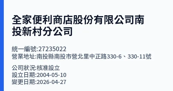 全家便利商店股份有限公司南投新村分公司的照片-統編 27235022(南投縣) 公司登記資料與營業項目詳細圖表