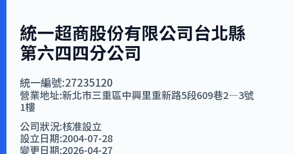 統一超商股份有限公司台北縣第六四四分公司的照片-統編 27235120(新北市) 公司登記資料與營業項目詳細圖表