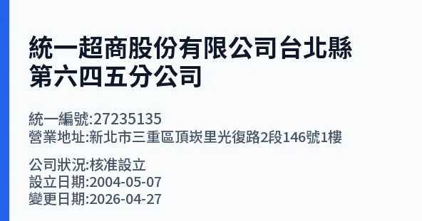 統一超商股份有限公司台北縣第六四五分公司的照片-統編 27235135(新北市) 公司登記資料與營業項目詳細圖表