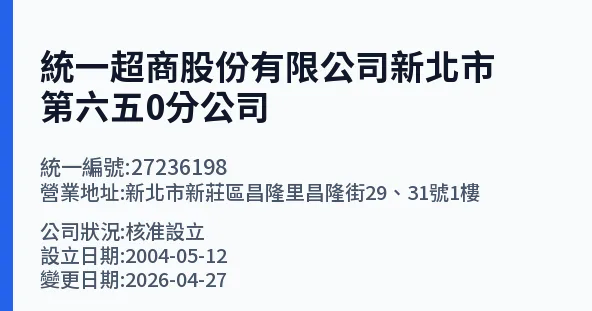 統一超商股份有限公司新北市第六五0分公司的照片-統編 27236198(新北市) 公司登記資料與營業項目詳細圖表