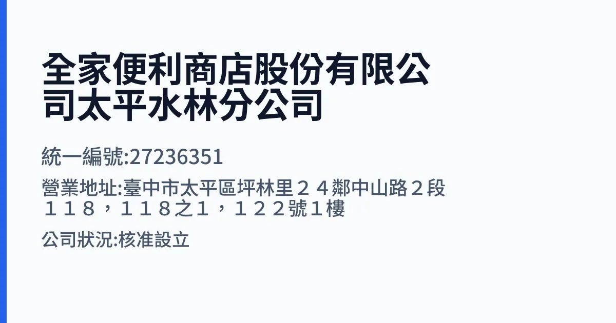 全家便利商店股份有限公司太平水林分公司 - 統編 27236351(臺中市) 公司登記資料與營業項目詳細圖表