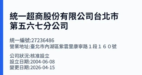 統一超商股份有限公司台北市第五六七分公司 - 統編 27236486(臺北市) 公司登記資料與營業項目詳細圖表