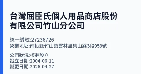 台灣屈臣氏個人用品商店股份有限公司竹山分公司的照片-統編 27236726(南投縣) 公司登記資料與營業項目詳細圖表