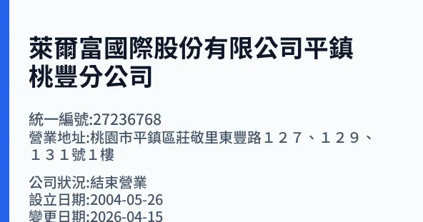 萊爾富國際股份有限公司平鎮桃豐分公司的照片-統編 27236768(桃園市) 公司登記資料與營業項目詳細圖表