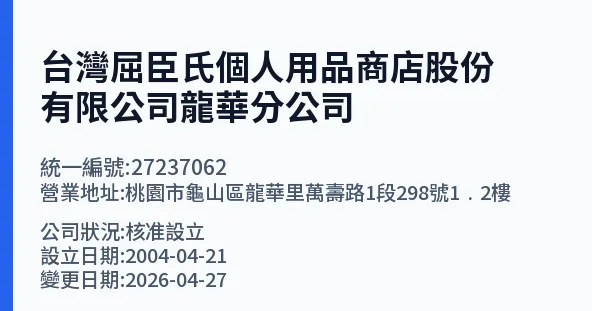 台灣屈臣氏個人用品商店股份有限公司龍華分公司的照片-統編 27237062(桃園市) 公司登記資料與營業項目詳細圖表