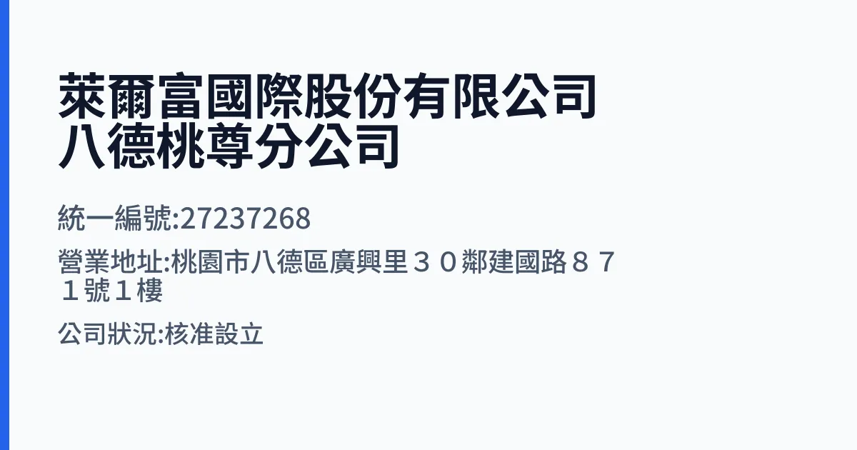 萊爾富國際股份有限公司八德桃尊分公司 - 統編 27237268(桃園市) 公司登記資料與營業項目詳細圖表
