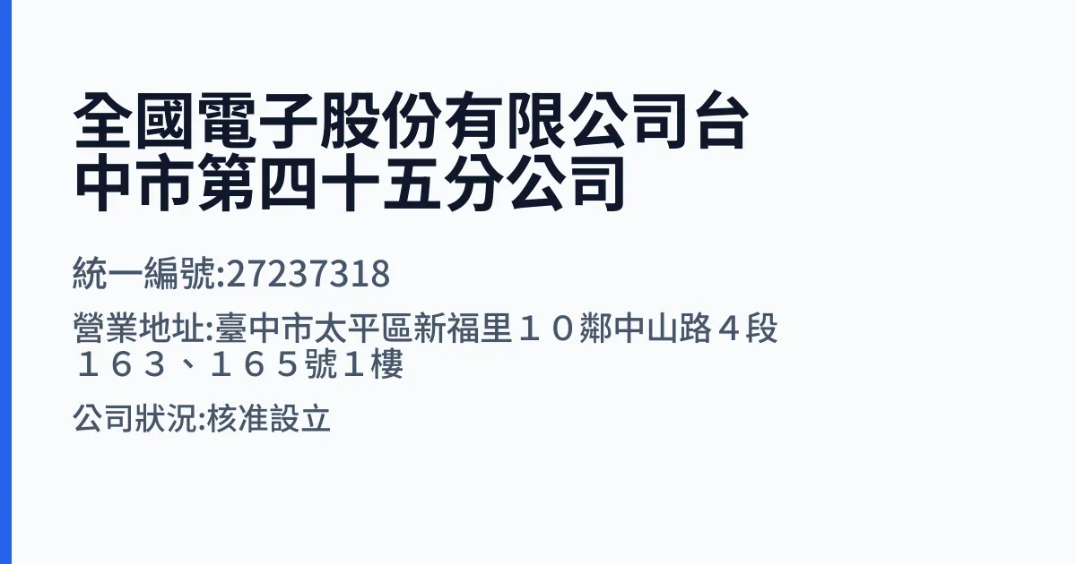 全國電子股份有限公司台中市第四十五分公司 - 統編 27237318(臺中市) 公司登記資料與營業項目詳細圖表