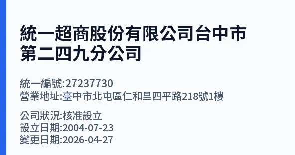 統一超商股份有限公司台中市第二四九分公司的照片-統編 27237730(臺中市) 公司登記資料與營業項目詳細圖表