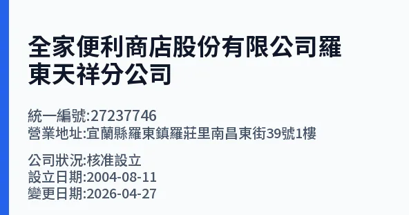 全家便利商店股份有限公司羅東天祥分公司的照片-統編 27237746(宜蘭縣) 公司登記資料與營業項目詳細圖表