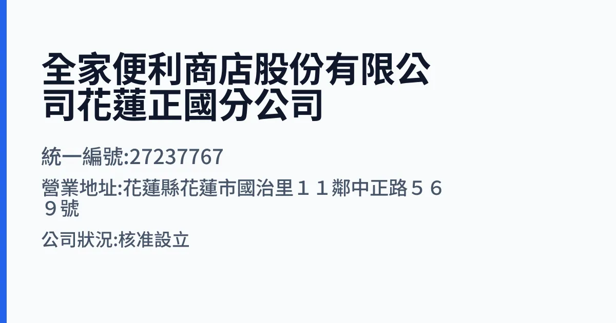 全家便利商店股份有限公司花蓮正國分公司 - 統編 27237767(花蓮縣) 公司登記資料與營業項目詳細圖表