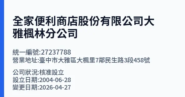 全家便利商店股份有限公司大雅楓林分公司的照片-統編 27237788(臺中市) 公司登記資料與營業項目詳細圖表