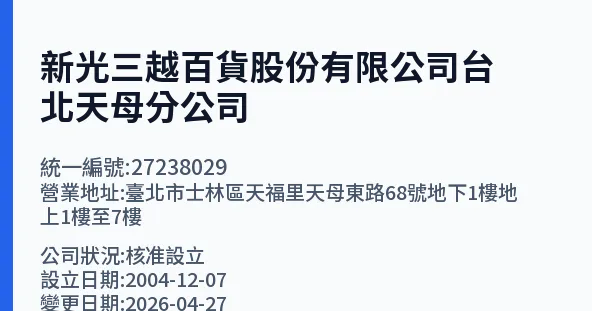 新光三越百貨股份有限公司台北天母分公司的照片-統編 27238029(臺北市) 公司登記資料與營業項目詳細圖表