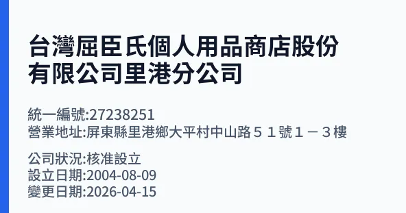 台灣屈臣氏個人用品商店股份有限公司里港分公司的照片-統編 27238251(屏東縣) 公司登記資料與營業項目詳細圖表