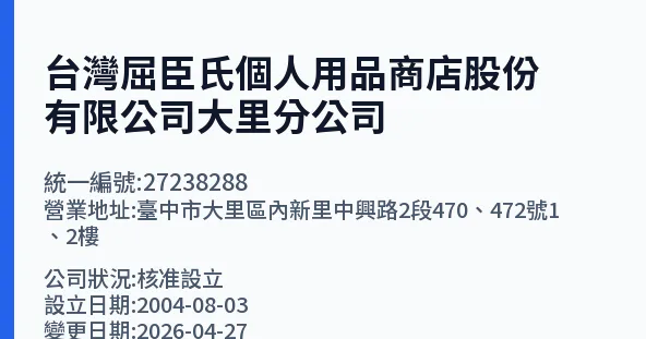 台灣屈臣氏個人用品商店股份有限公司大里分公司的照片-統編 27238288(臺中市) 公司登記資料與營業項目詳細圖表