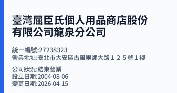 臺灣屈臣氏個人用品商店股份有限公司龍泉分公司的照片-統編 27238323(臺北市) 公司登記資料與營業項目詳細圖表