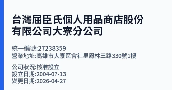 台灣屈臣氏個人用品商店股份有限公司大寮分公司的照片-統編 27238359(高雄市) 公司登記資料與營業項目詳細圖表