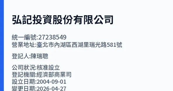 弘記投資股份有限公司的照片-統編 27238549(臺北市) 公司登記資料與營業項目詳細圖表