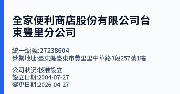 全家便利商店股份有限公司台東豐里分公司的照片-統編 27238604(臺東縣) 公司登記資料與營業項目詳細圖表