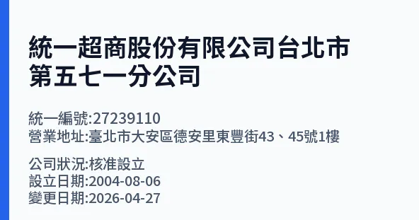 統一超商股份有限公司台北市第五七一分公司的照片-統編 27239110(臺北市) 公司登記資料與營業項目詳細圖表