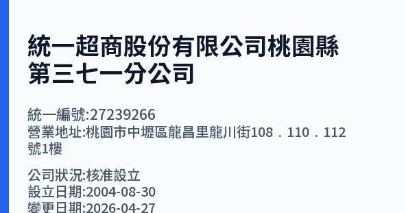 統一超商股份有限公司桃園縣第三七一分公司的照片-統編 27239266(桃園市) 公司登記資料與營業項目詳細圖表