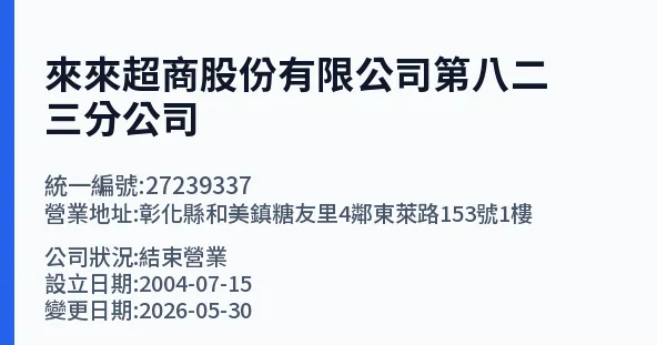 來來超商股份有限公司第八二三分公司的照片-統編 27239337(彰化縣) 公司登記資料與營業項目詳細圖表