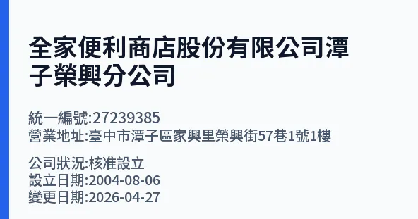 全家便利商店股份有限公司潭子榮興分公司的照片-統編 27239385(臺中市) 公司登記資料與營業項目詳細圖表