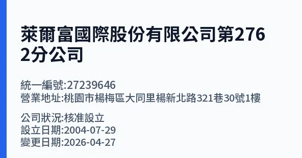 萊爾富國際股份有限公司第2762分公司的照片-統編 27239646(桃園市) 公司登記資料與營業項目詳細圖表