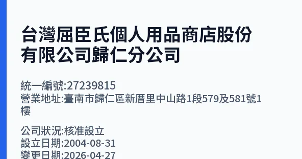 台灣屈臣氏個人用品商店股份有限公司歸仁分公司的照片-統編 27239815(臺南市) 公司登記資料與營業項目詳細圖表