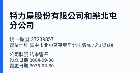 特力屋股份有限公司和樂北屯分公司的照片-統編 27239857(臺中市) 公司登記資料與營業項目詳細圖表