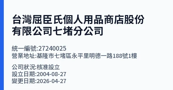 台灣屈臣氏個人用品商店股份有限公司七堵分公司的照片-統編 27240025(基隆市) 公司登記資料與營業項目詳細圖表